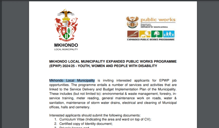 EPWP Job Opportunities at Mkhondo Local Municipality - Jobcare