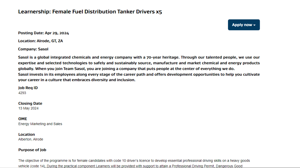 Sasol Learnership: Female Fuel Distribution Tanker Drivers x5 - Jobcare